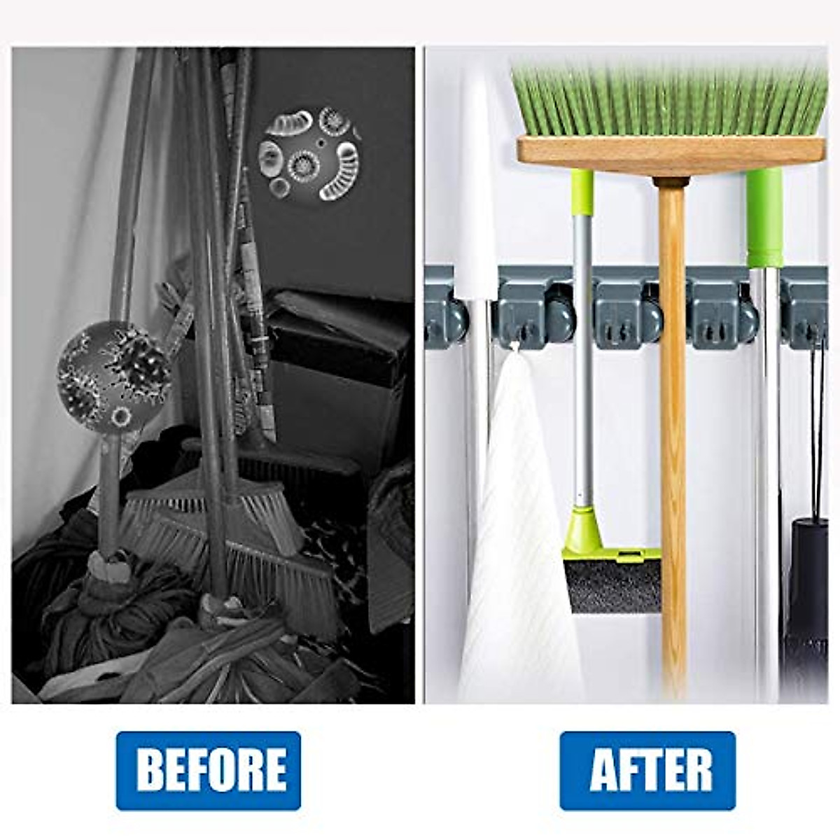 Mayjooy Wall-Mounted Mop Broom Holder, Home Storage Organizer Rack w/5 Positions & 6 Hooks, Hanging Tools Organizer for Garage/Laundry/Home/Kitchen, Utility Storage Rack, Grey