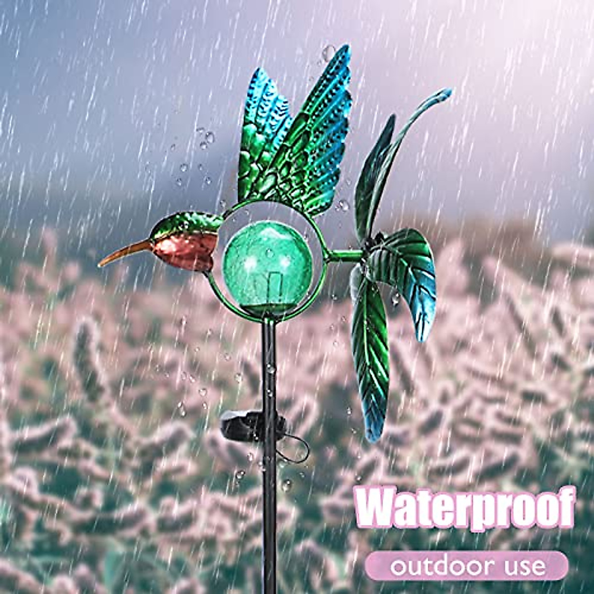 Hummingbird Solar Wind Spinner Outdoor - Solar Garden Stake Lights Cracked Glass Ball Waterproof Outdoor Hummingbird Decor Pathway Lights for Garden Patio Lawn (1 Pack)