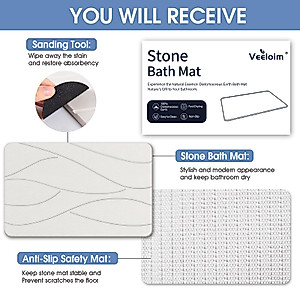 Veeloim Stone Bath Mat Diatomaceous Earth Shower Mat Non-Slip Super Absorbent Stone Bath Mats for Bathroom/Kitchen Counter Quick Drying Diatomite Bath Stone Mat Large Easy to Clean(23.6×15.4" White)
