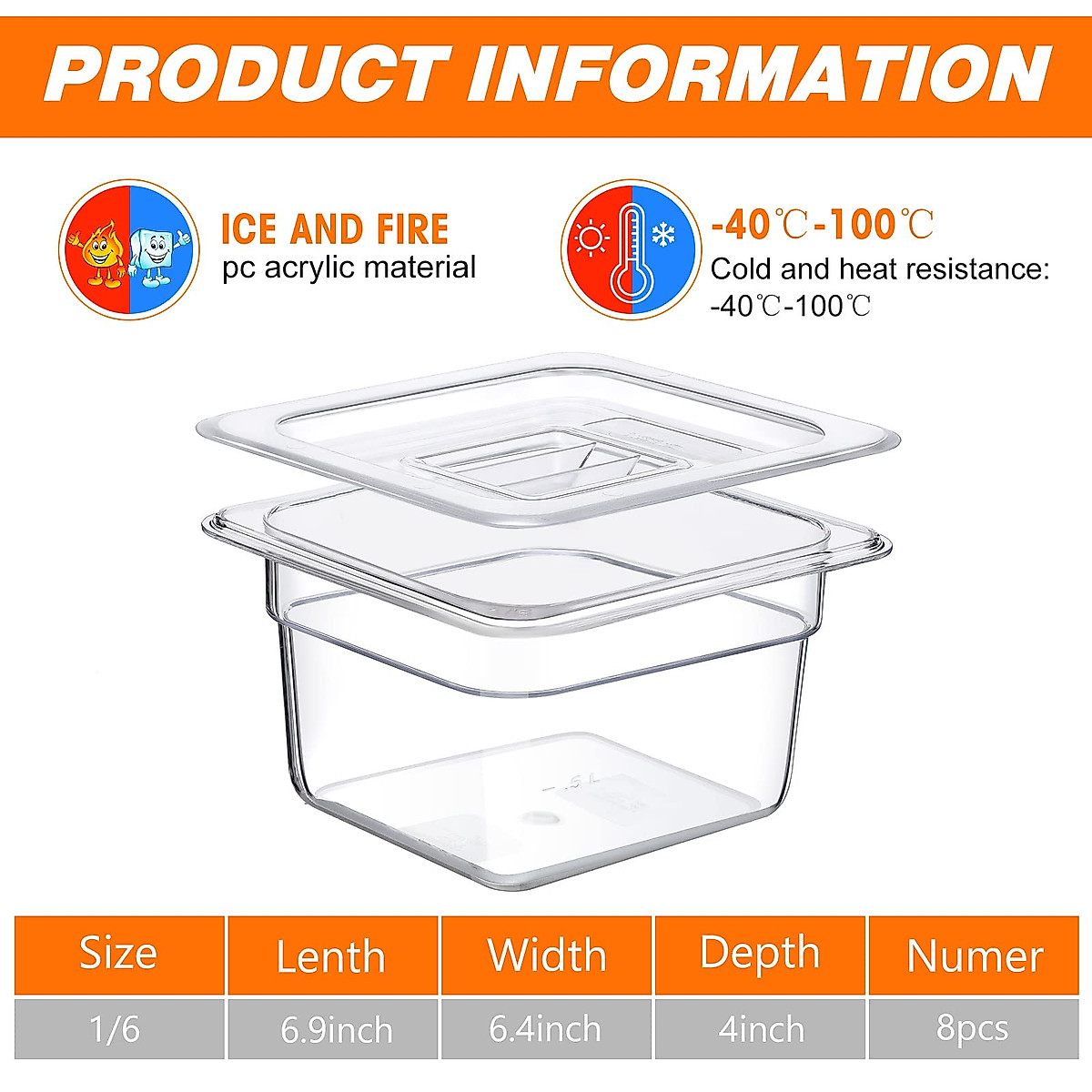 Sieral Clear 1/6 Size Food Pan Restaurant Containers with Lids Square Cambro Food Storage Polycarbonate Salad Bar Containers Commercial Hotel Pans for Kitchen Food Prep (8 Pcs, 4 Inch, 1.5 Quart)