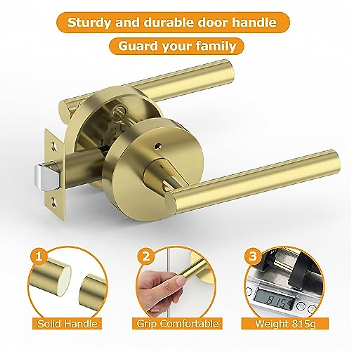 Amerdeco 2 Pack Gold Interior Privacy Door Handles, Heavy Duty Interior Bedroom Brushed Brass Door Lever, Door Handles Interior for Bathroom