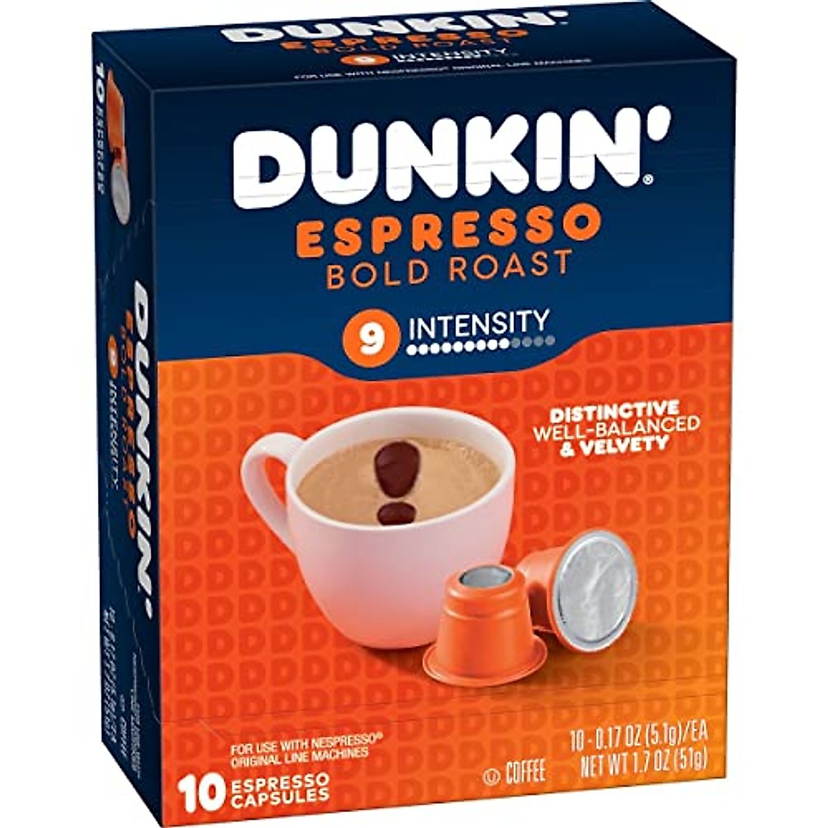 Dunkin’ Espresso Bold Roast Coffee, 40 Count Capsules for Espresso Machines, 9 Intensity Compatible with Nespresso Original Brewers 10 Count (Pack of 1)