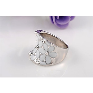 Fashion Month Womens Elegant Enamel Flower White Gold Band Bloom Petal Platinum Wedding Engagement Ring Crystal Inlay Size 8