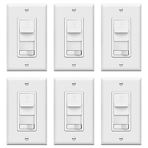 TOPGREENER Dimmer Light Switch for 200W Dimmable LED/CFL Lights, Single Pole/3-Way LED Slide Dimmer Switch,Neutral Wire Not Required,TGSDS3-W-6PCS, 6 Pack, White
