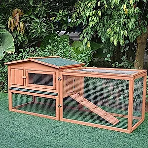 Pawhut 62" Outdoor Rabbit Hutch with Run, Guinea Pig Pet House Bunny Cage with Pull Out Tray, Waterproof Roof