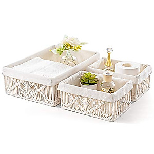 Mkono Macrame Storage Baskets Decor with Removable Cloth Liner Boho Storage Bins Handmade Woven Decorative Countertop Shelf Cabinet Organizer for Bedroom Nursery Living Room, Set of 3