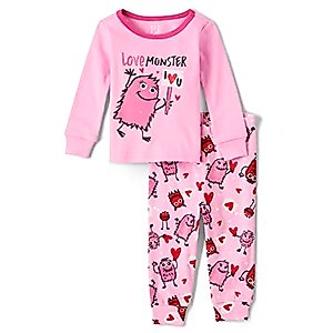 The Children's Place Baby Toddler Girls Long Sleeve Top and Pants Snug Fit 100% Cotton 2 Piece Pajama Set, Pink Love Monster, 18-24 Months