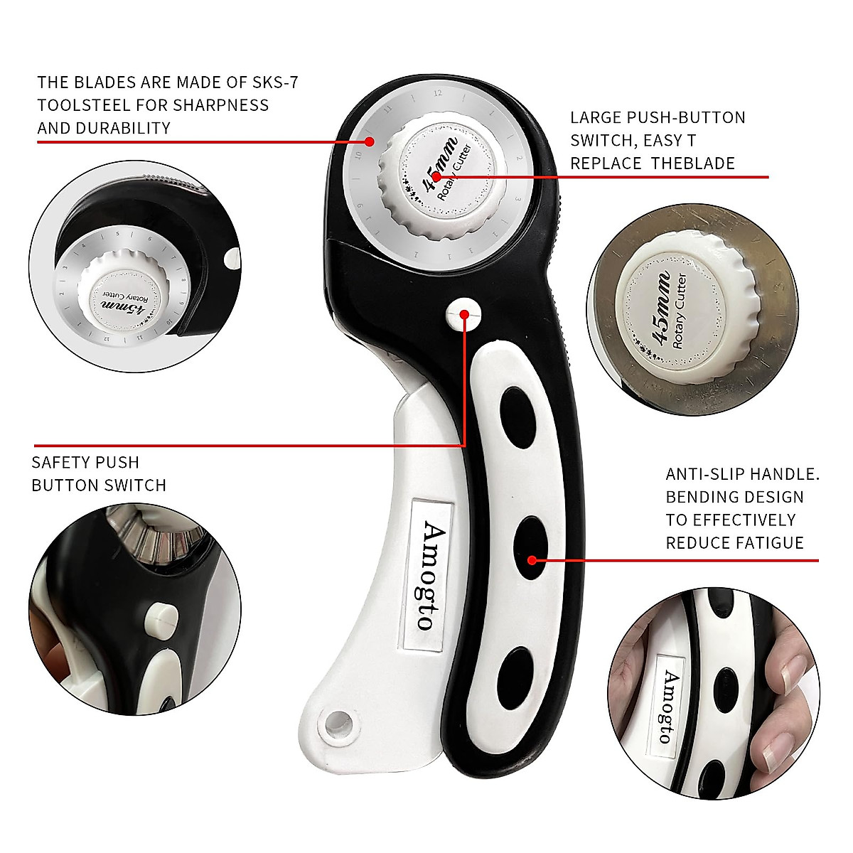 Amogto Rotary Cutter for Fabric, 45mm Fabric Cutter with 7pcs Rotary Cutter Blades, Ergonomic Quilting Supplies Tool for Leather, Crafting, Sewing, Quilting, Fabric Cutter Wheel for Left & Right Hand