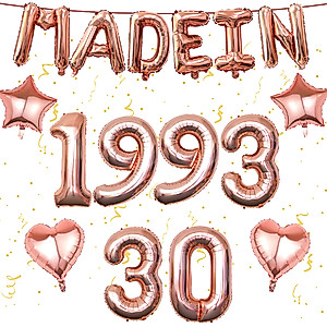 30th Birthday Decorations for Women, Rose Gold Birthday Party Decor, Large 30th balloons, Made in 1993 Balloon Banner Set, Happy Birthday Theme Party Supplies for Women Girl (30th)