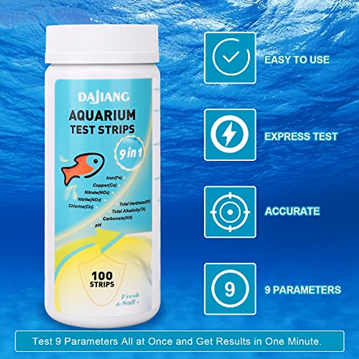 DAJIANG 9 in 1 Aquarium Test Strips,100 Strips Aquarium Testing Kit for Freshwater Saltwater, Pond Test Strips for Fish Tank Testing pH, Iron, Copper, Nitrite, Nitrate, Hardness, More