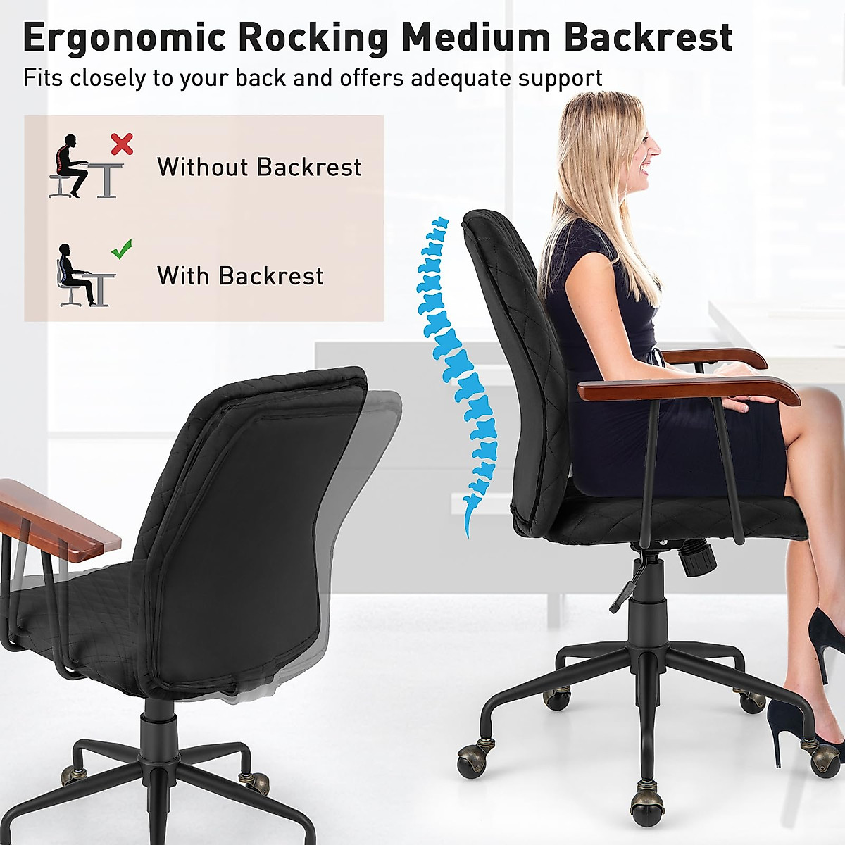 Giantex Home Office Desk Chair Black, Vintage Adjustable Swivel Rolling Chair with Copper Wheels & Armrest, Mid Century Leisure Chair, Velvet Upholstered Computer Chair for Work, Study