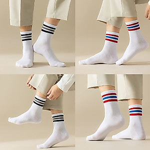 Mottee&Zconia Quarter Crew Sock for Womens/Mens Retro Vintage Old School Vibe Cotton Strips White Socks 6 pack