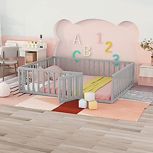 Okak Queen Size Floor Bed with Safety Guardrails and Slats Montessori Floor Bed with Door and Fence Wood Montessori Bed Frame for Kids,Girls, Boys,Light Gray