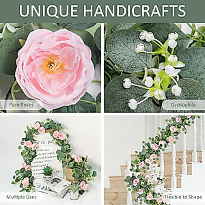 TOCHGREEN 2 Pack 13Ft Artificial Eucalyptus Flower Garland with Pink Roses, Fake Rose Flower Greenery Garland Floral Vines for Wedding Home Party Table Runner Decor (2PCS, Pink)