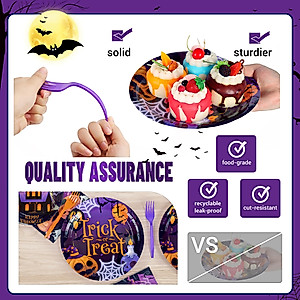 SCIONE 96 Pcs Halloween Party Supplies, Purple Halloween Plates and Napkins Trick Or Treat Tableware Set, Happy Halloween Holiday Pumpkin Ghost Dinnerware Party Decorations Serve 24 Guests
