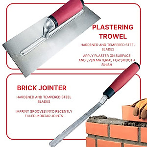 Wedge: 5 Piece Professional Masonry Trowel Set | Tempered Steel Blades | Contains 13" Brick Jointer, 6" Pointing Trowel, 7" Gauging Trowel, 11" Brick Trowel, 11" Plastering Trowel