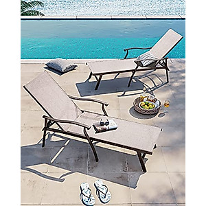 Crestlive Products Aluminum Adjustable Chaise Lounge Chair Five-Position and Full Flat Outdoor Recliner All Weather for Patio, Beach, Yard, Pool (2PCS Beige)