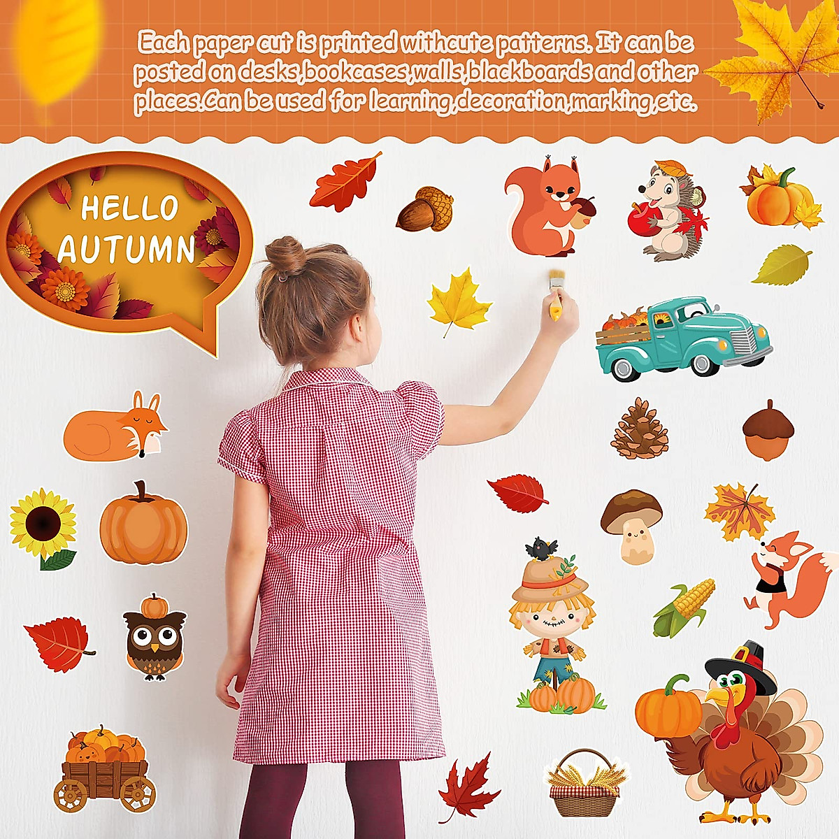 Breling 52 Pcs Thanksgiving Cut Outs Hello Autumn Fall Cut Outs Classroom Bulletin Border Decoration Maple Leaves Pumpkin Acorns Turkey Cutouts for School Classroom Fall Theme Decor