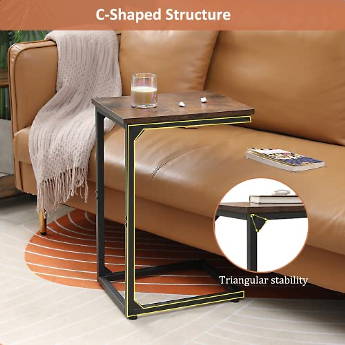 AMHANCIBLE C Shaped End Table Set of 2, Side Tables Couch Table, Snack Table for Living Bedroom, Rustic Brown HET02CBR