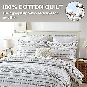 SahSahCasa Quilt King Size, Set, 100% Cotton Boho Quilt, Bedding Set Bedspreads, Bohemian Reversible Lightweight Striped Quilts Bedspread for All Season, White/Grey, 3 Pieces