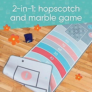 Hearthsong Retro Hopscotch and Marble 2-in-1 Rug, 80”L x 25”W Rug, Plush Drawstring Bag, 22 Ceramic Marbles, 2 Bean Bags, Ages 3 and Up