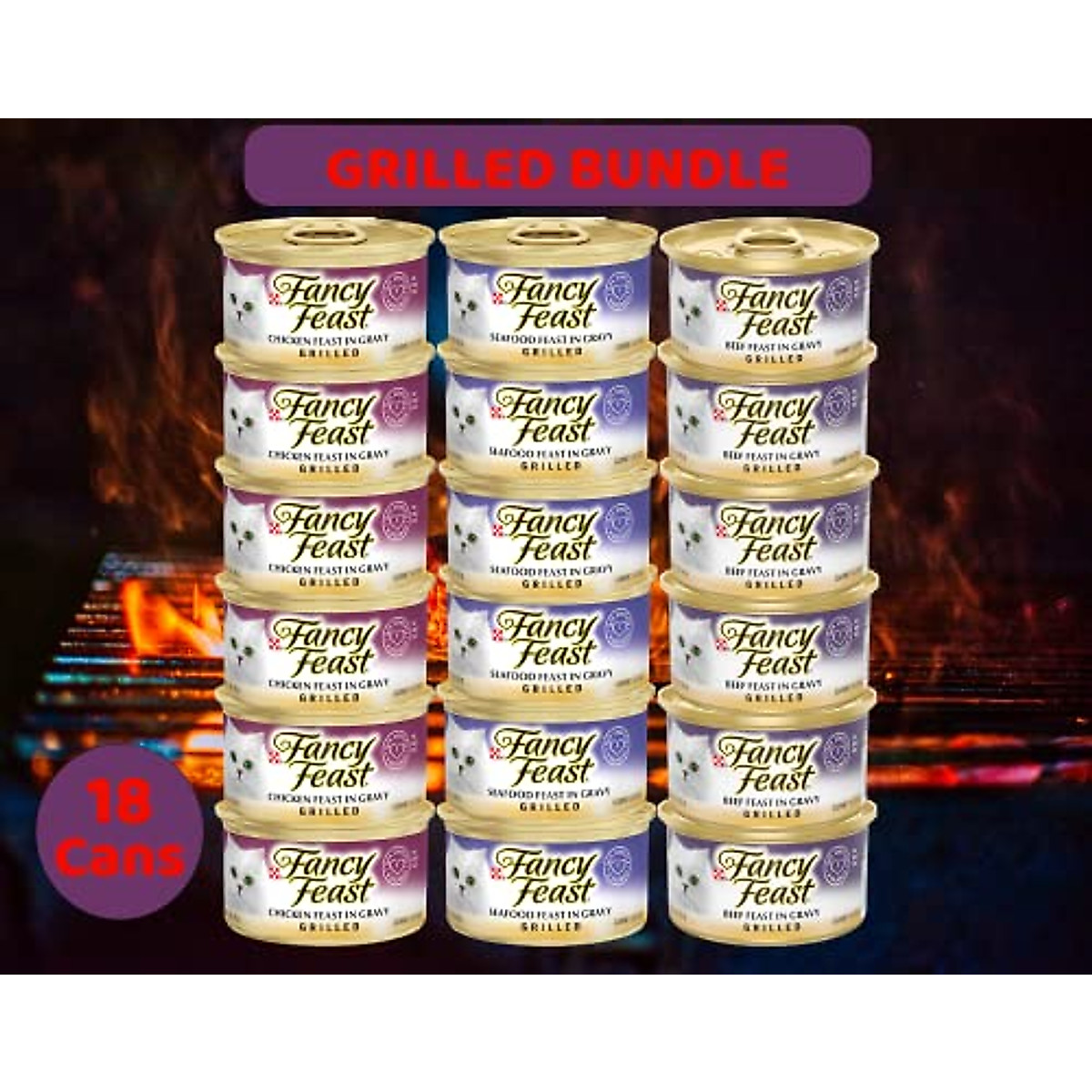 Fancy Feast Gravy Grilled Wet Cat Food Variety Packs Include Chicken, Seafood, & Beef Feast in Gravy Adult Bundle Collection Gluten-Free Protein (Pack of 18)