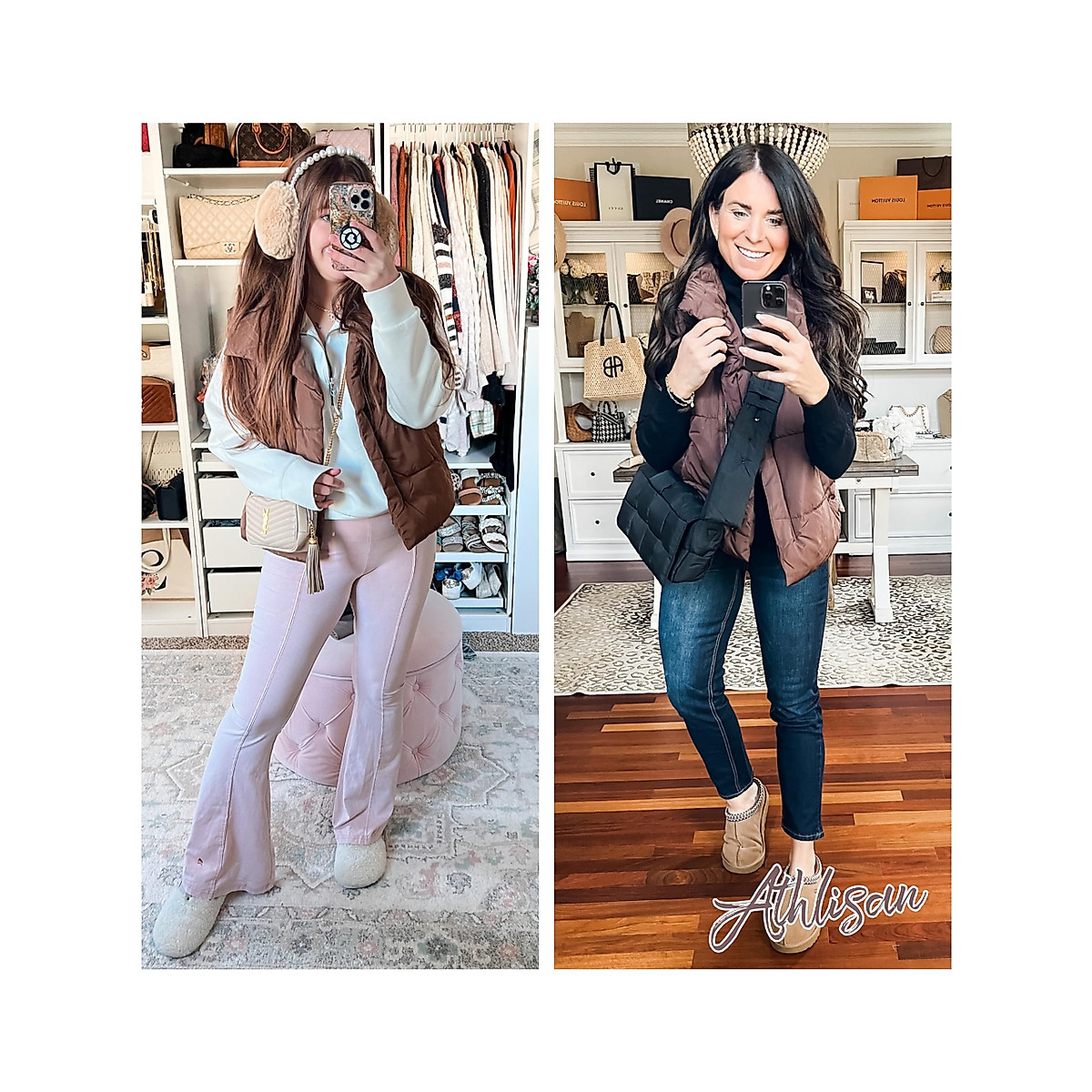 Athlisan Puffer Vest Women Zip Up Stand Collar Sleeveless Padded Gilet Jacket (Brown-S)