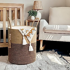 CherryNow Tall Laundry Hamper Woven Storage Basket, Shoe Basket for Entryway, Blanket Basket Living Room, Decorative Basket for Toys, Clothes, 15 x 17.7 Inches, Black & Jute