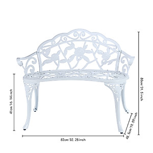 JARDIN DE CENTENNIAL Patio Garden Bench Metal Park Bench Cast Aluminum Outdoor Furniture with Floral Rose for Patio,Park,Lawn,Yard (White)