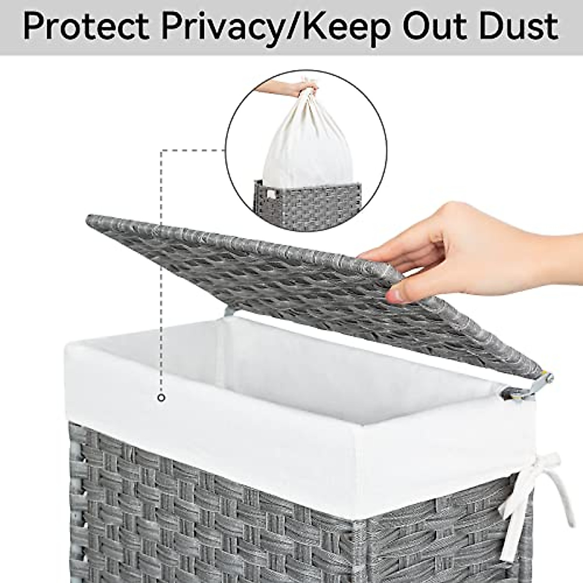 Chrislley 53L Slim Handwoven Rattan Laundry Hamper with Lid Rolling Laundry Basket with Removable Liner Bags Foldable Hampers with Wheels（Grey）