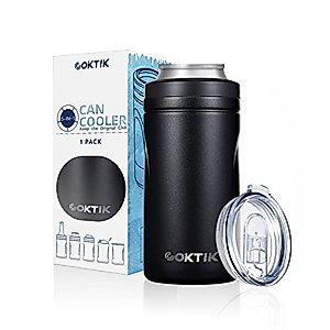 COKTIK 5 in 1 Insulated Can Cooler, Doublae Wall Slim Can Cooler for 12 oz Regular or Slim Cans & Beer Bottle (BLACK)