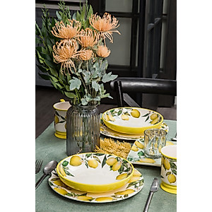 Bico Lemon Dreams Ceramic 35oz Dinner Bowls, Set of 4, for Pasta, Salad, Cereal, Soup & Microwave & Dishwasher Safe