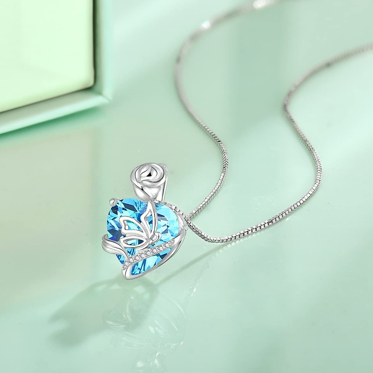 FJ Heart Butterfly Necklace 925 Sterling Silver Aquamarine Necklace March Birthstone Pendant Rose Flower Jewelry Gifts for Women