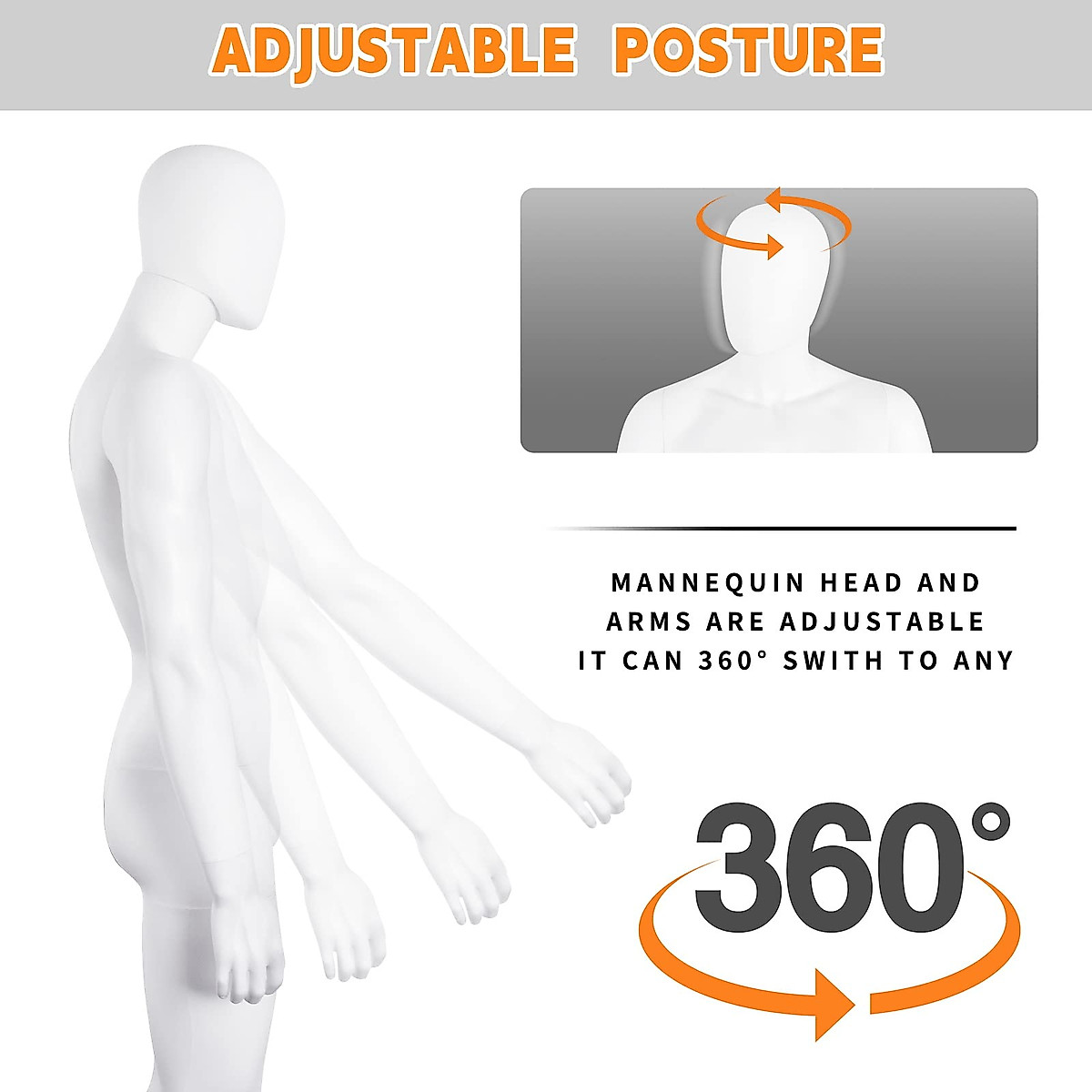 SHAREWIN Male Mannequin Full Body Dress Form 73 Inches Adjustable Plastic Detachable Stand Display Head Metal Base (White)
