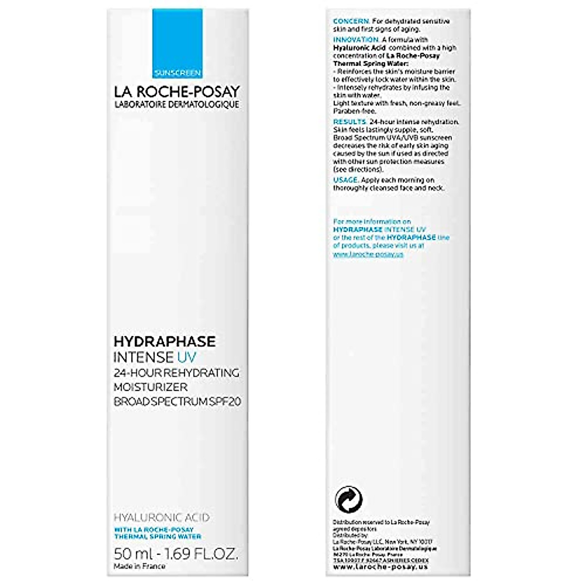 La Roche-Posay Hydraphase Intense UV Face Moisturizer SPF 20 with Hyaluronic Acid, Daily Moisturizer with SPF, Safe for Sensitive Skin, 1.69 Fl Oz