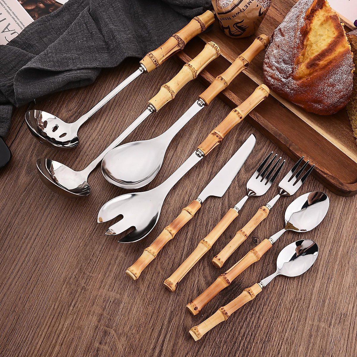 Uniturcky Soup Ladle and Slotted Spoon Set, 304 Stainless Steel Serving Utensils with Natural Bamboo Handle, Soup Spoons For Serving Gravy Hot Pot Or Restaurant, 10.2 Inch, 4 PCS / 2 of Each