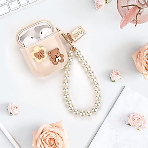 Mainrenka Cute Kawaii AirPods 2nd 1st Generation Case Aesthetic for Women and Girls with Pearl Chain Smooth Soft Protective Cover