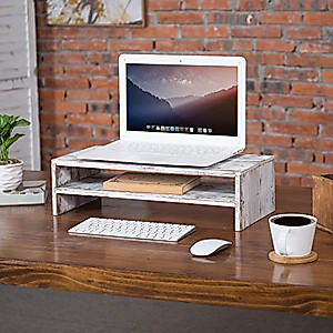 MyGift Shabby Whitewashed Wood Computer Monitor and Laptop Riser Stand for Desk, 2 Tier Office Desktop Storage Shelf