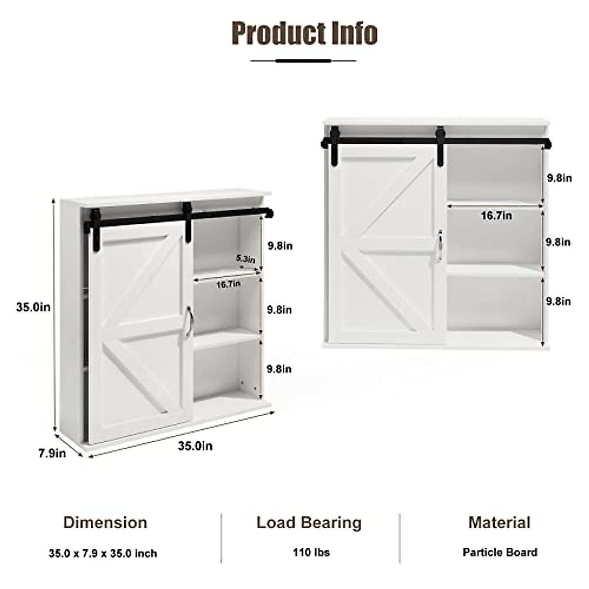 Wood Storage Wall Cabinet,Bathroom Hanging Cabinet with Sliding Barn Door and 3 Tiers Adjustable Shelf, Medicine Cabinet or Farmhouse Storage Wall Cabinet for Kitchen, Bathroom, Living Room,White