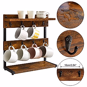 IBUYKE Rustic Coffee Mug Holder Stand, 2 Tier Countertop Mug Tree Holder Rack with Storage Base, Vintage Mug Holders for Kitchen, Holds 8 Mugs, Rustic Brown UTBJ002H
