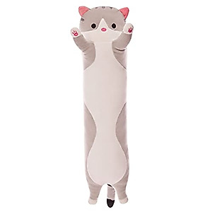 Cute SEENEEY Cat Pillow: Soft 50cm Cartoon Stuffed Animal Toy for Kids & Girls (Long Grey Cat)
