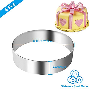 RHBLME 4PCS Cake Ring 8 Inch, Round Cake Rings for Baking, 304 Seamless Stainless Steel Mirror coating Mousse Mould, No Welding Seam Cheese Cake Mousse Ring (2-Inch Height)