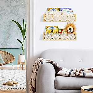 Boho Floating Shelves for Wall 2 Pack, Macrame Kids Bookshelf for Nursery Toddler Bedroom Classroom, Wood Hanging Book Shelf Storage Organizer for Room Decor