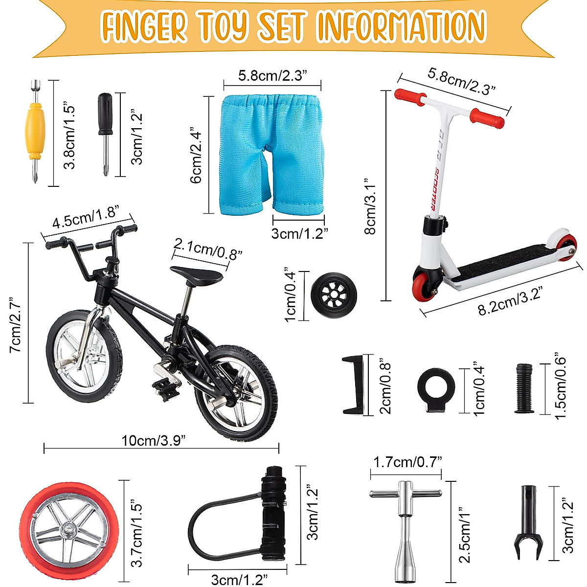 Zomiboo 18 Pieces Finger Toy Set Including Alloy Finger Bikes, Finger Scooter, Finger Pants, Replacement Wheels, Bike Lock and Mini Tools Movement Party Favors(Black, White, Blue)