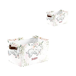 Personalized Pink Flower Elephant Storage Basket Bin with Name Large Storage Cube Box with Handles for Home Office Bedroom Closet Shelves(1 Pack)