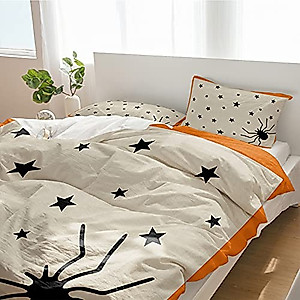 Halloween Spiders Queen Duvet Covers Scary Animal Black Stars 3-Piece Bedding Sets Luxury Soft Microfiber Bed Comforter Protector with Pillow Cases for Women Men Girl Boy Retro Burlap Orange Border