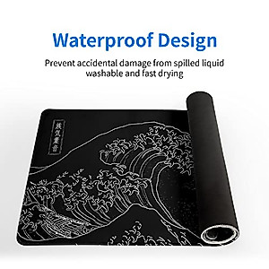 Japanese Sea Wave Gaming Mouse Pad 31.5x11.8 Inch Anime Black Mouse Pad Big Kanagawa Large Mousepad Extended Non-Slip Rubber Base Waterproof Big Keyboard Mat with Stitched Edges for Gaming and Office