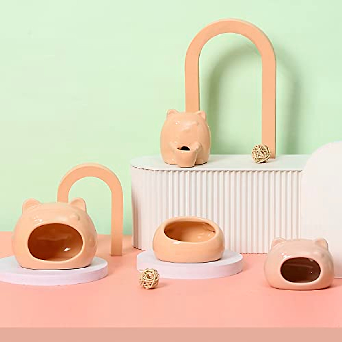 Cartoon Sculpted Ceramic Hamster House Food Feeding Bowl Water Bowl to Prevent Spilled Food and Chewing Tray Gerbils Chinchilla Ferret Hedgehog Small Animals (Orange)