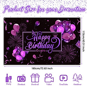 Blulu Happy Birthday Backdrop Banner Sign Poster Large Fabric Glitter Balloon Fireworks Sign Photo Backdrop Background for Birthday Party Decoration Supplies, 72.8 x 43.3in(Black and Purple)