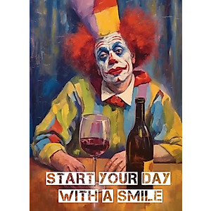 PIXILUV DE-MOTIVATION Greeting card ~ Upset Brightly Dressed Clown Drinking a Bottle of Wine by Himself ~ Funny Cartoon Greeting Card for Birthday and Any Occasion
